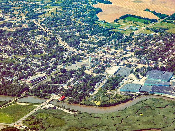 From above, Salem reveals itself as a perfect patchwork of American small-town life, nestled against the river that shaped its destiny.