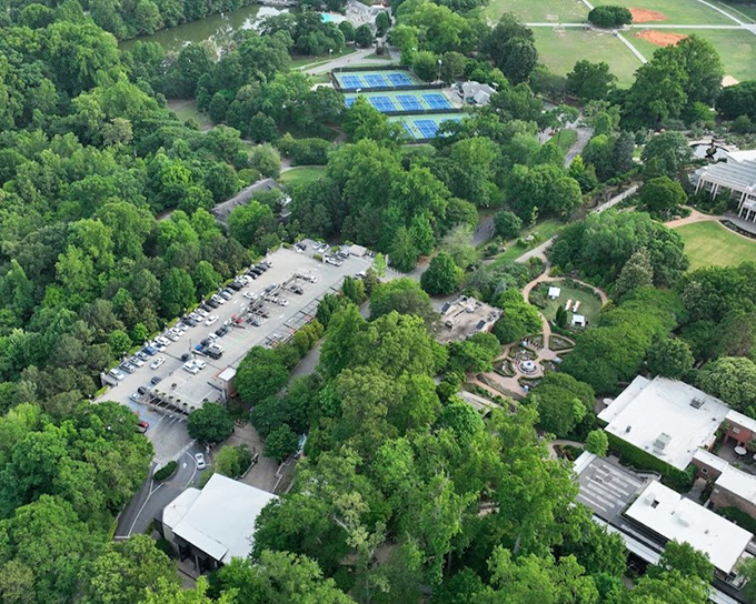 From above, the garden reveals itself as an emerald oasis nestled in Atlanta's urban landscape, a secret green world hiding in plain sight.