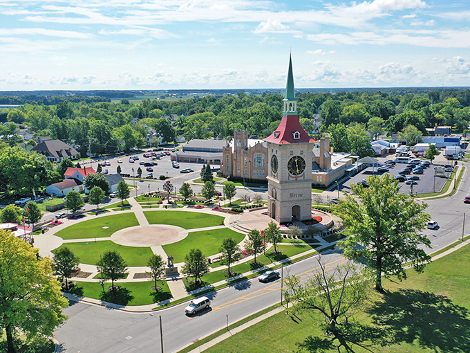 Bird's eye perfection! Berne's town center radiates outward from its iconic clock tower like a Swiss-inspired mandala in the Indiana countryside.