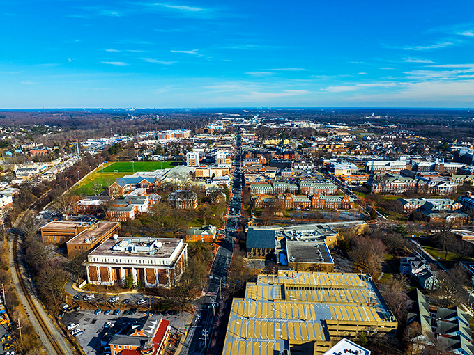 Newark unfolds in spectacular fashion from above. The University of Delaware campus and downtown corridor create the backbone of this vibrant community.