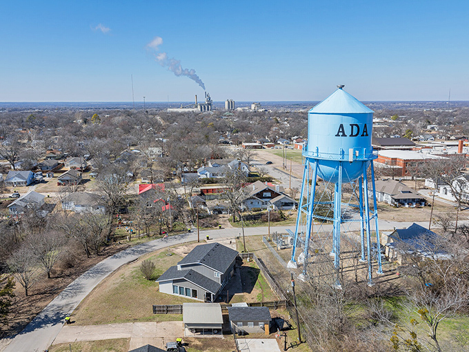 That iconic blue water tower stands as Ada's exclamation point on the landscape, visible from nearly everywhere in this affordable small town.