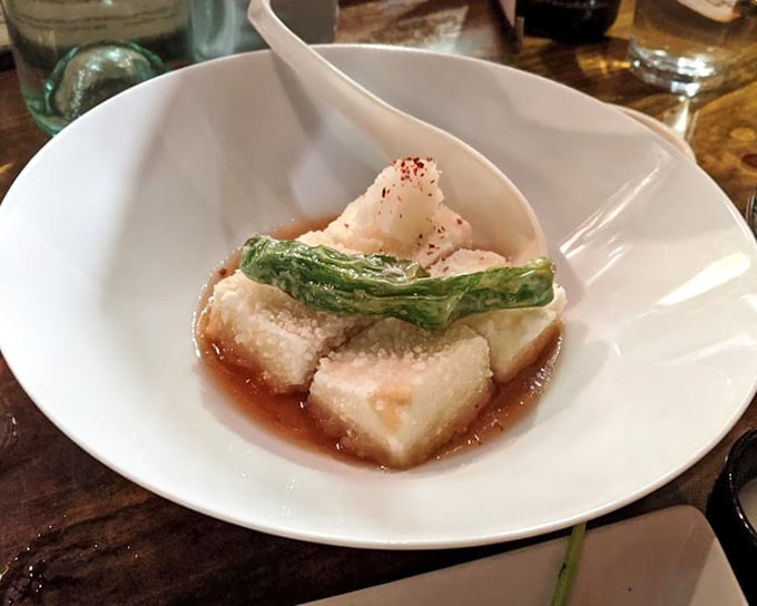 Agedashi tofu floating in a delicate broth like little flavor sponges, soaking up umami with each gentle poke of your chopstick.