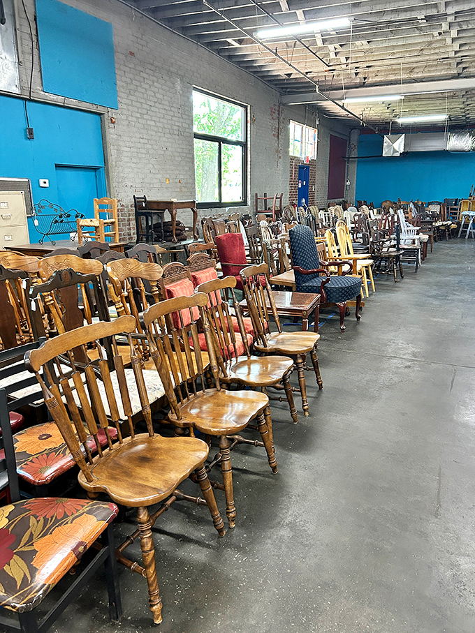 A regiment of wooden chairs stands at attention, each one having supported generations of family dinners and lively conversations.