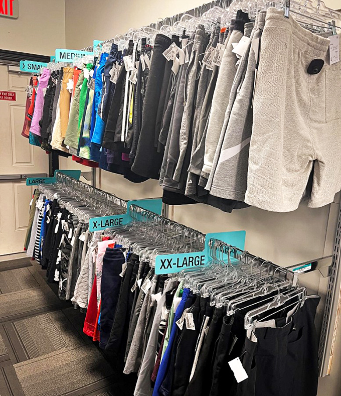 Athletic shorts organized by size&mdash;a rare moment of order in a chaotic world. From Medium to XX-Large, there's a summer adventure waiting on every hanger.