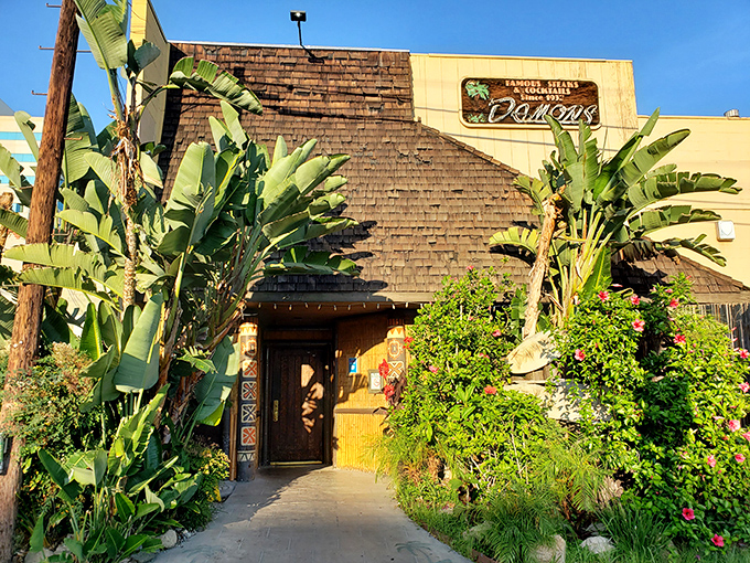 Banana trees frame the entrance like living sentinels guarding a temple of tropical flavors. This isn't just a doorway&mdash;it's a portal to paradise.