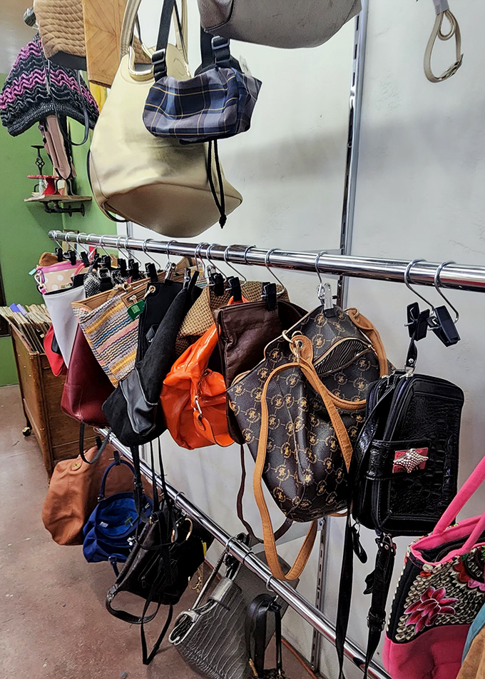 Handbag heaven for the label-conscious bargain hunter. That designer number in the middle has stories it's not telling.