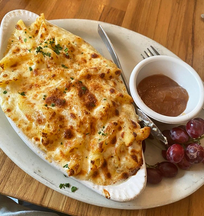Mac & cheese for breakfast? When it's this golden-brown masterpiece served with grapes and applesauce, absolutely yes.