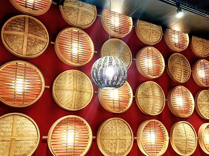 Traditional bamboo steamers line the wall, both functional and decorative &ndash; the ancient technology still perfect for modern deliciousness.