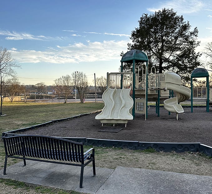As dusk approaches, this simple playground becomes magical—a reminder that childhood wonder costs nothing in Batesville's thoughtfully designed public spaces.