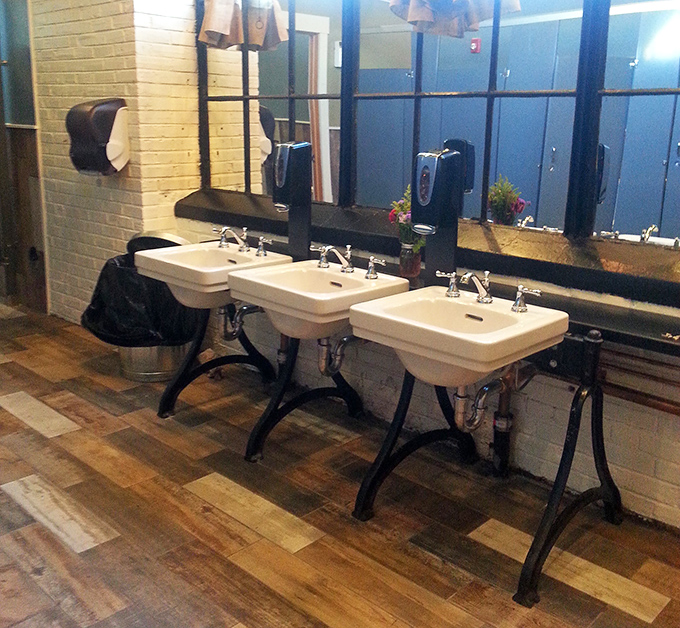 Even the bathroom sinks have character&mdash;vintage-style fixtures that remind you this place respects tradition in every detail. BBQ authenticity extends everywhere.