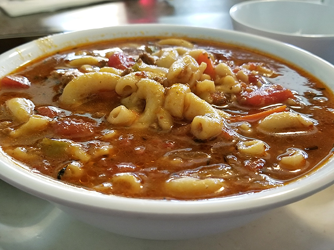 This isn't just soup&mdash;it's liquid therapy. Beef and macaroni swimming in a broth that could end family feuds and broker peace treaties.