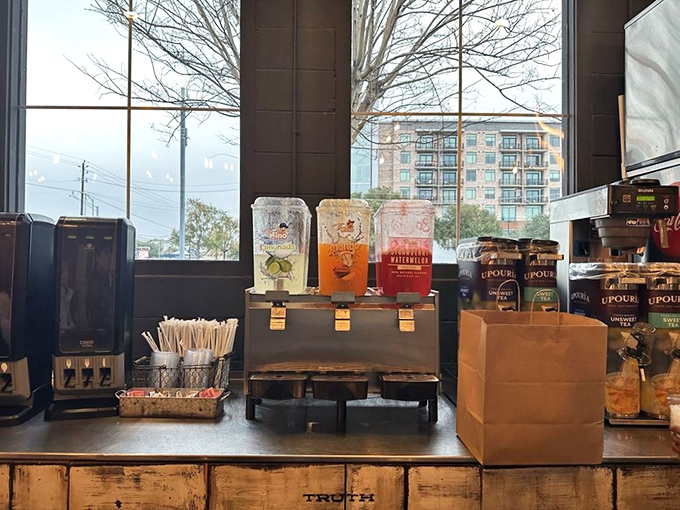 Self-serve beverages in glass dispensers&mdash;because after waiting in line for Texas' finest barbecue, you deserve to control at least one aspect of your experience.