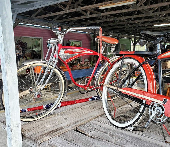 A cherry-red Schwinn stands as a monument to American design, ready to transport its next owner down memory lane at cruising speed.
