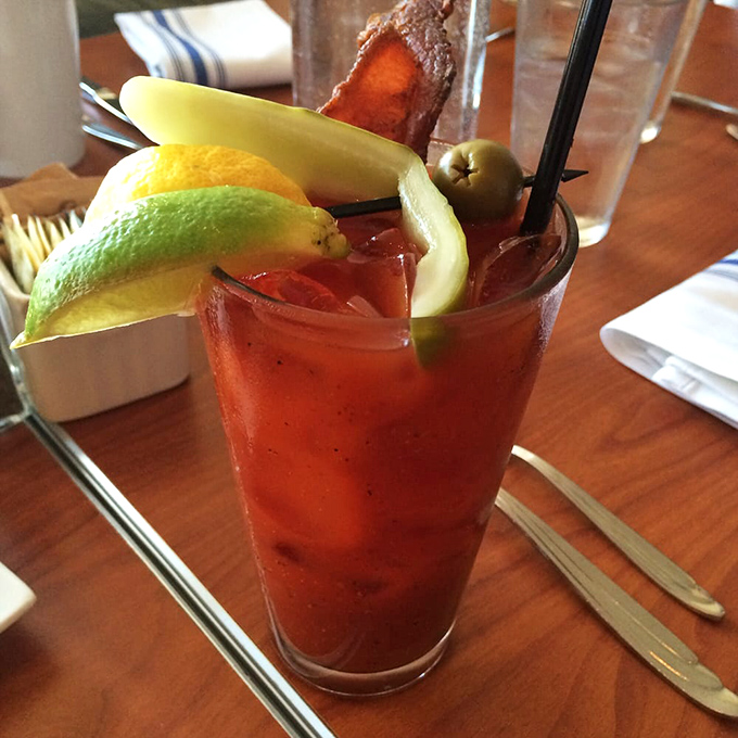 A Bloody Mary that's practically a meal, garnished with enough vegetation to count as your morning salad. Wisconsin breakfast in liquid form.