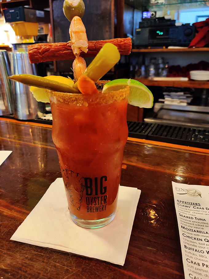 A Bloody Mary that's practically a meal unto itself. That shrimp garnish isn't decoration—it's an appetizer with ambition.