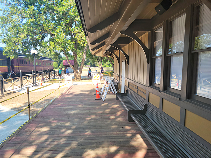 The platform's wooden benches have witnessed thousands of departures and arrivals, each board weathered by time and countless stories.