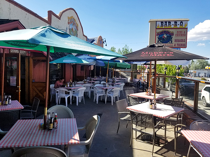 Bodie Mike's outdoor dining area &ndash; where checkered tablecloths and mountain air combine to make even simple barbecue taste like a special occasion.