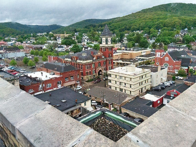 Bradford spreads across the valley surrounded by green hills, looking exactly like the affordable American dream everyone keeps saying disappeared.