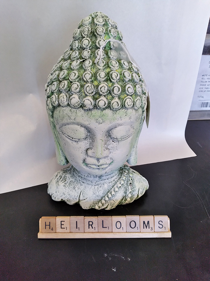 Zen and the art of antique shopping. This weathered Buddha head and Scrabble tiles remind us that "HEIRLOOMS" is definitely a triple-word score.