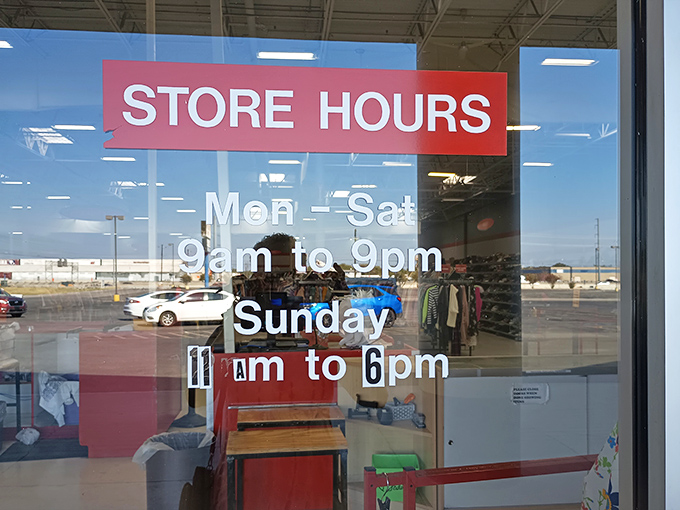 The store hours sign&mdash;a beacon of hope for bargain hunters. Those twelve hours on weekdays might just be the difference between finding that perfect vintage lamp or missing it forever.