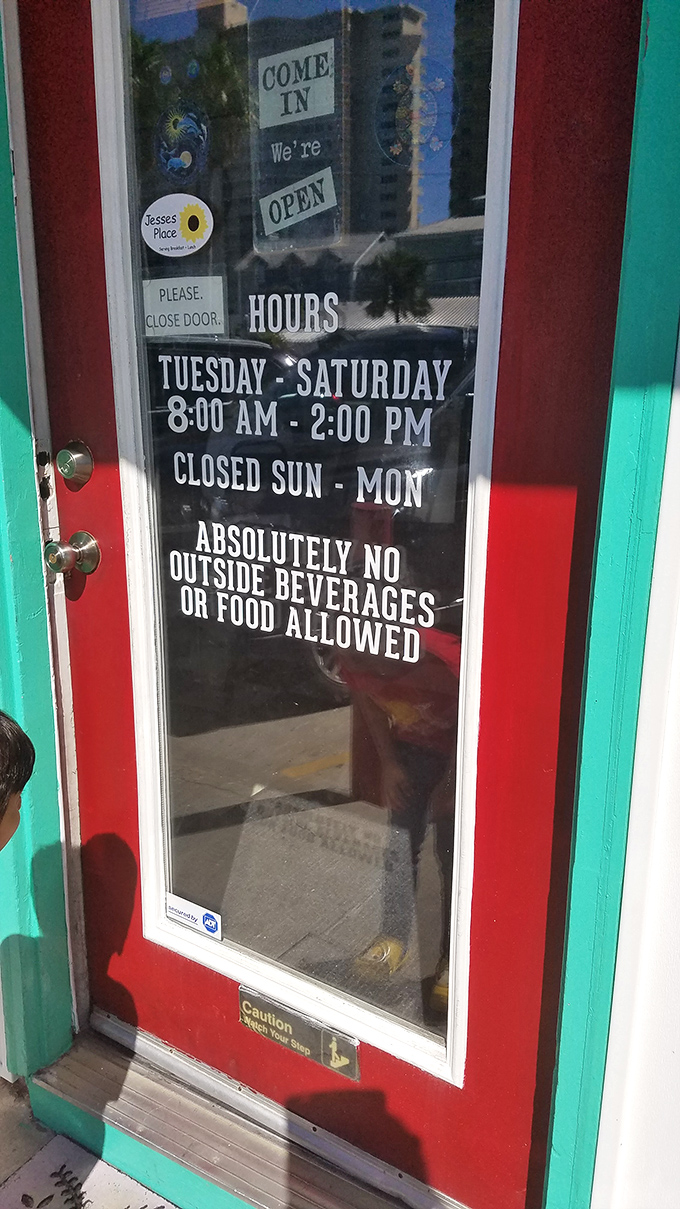 The door tells you everything you need to know: Jesse's Place keeps honest hours and simple rules. The "closed Sunday-Monday" speaks to work-life balance we should all respect.