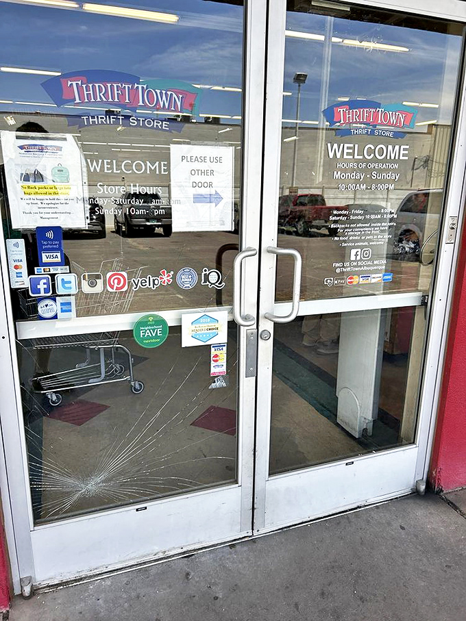 Even with a cracked door, Thrift Town welcomes all. The hours posted promise plenty of time to hunt for that perfect something.