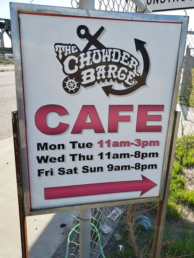 The sign points the way to seafood salvation with hours generous enough to accommodate both early birds and night owls seeking maritime meals.