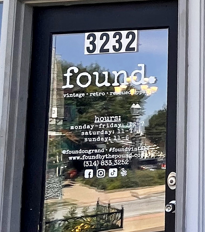 The door tells all&mdash;Found Vintage isn't just a name, it's a promise of "vintage, retro, rescued apparel" waiting to be discovered inside.
