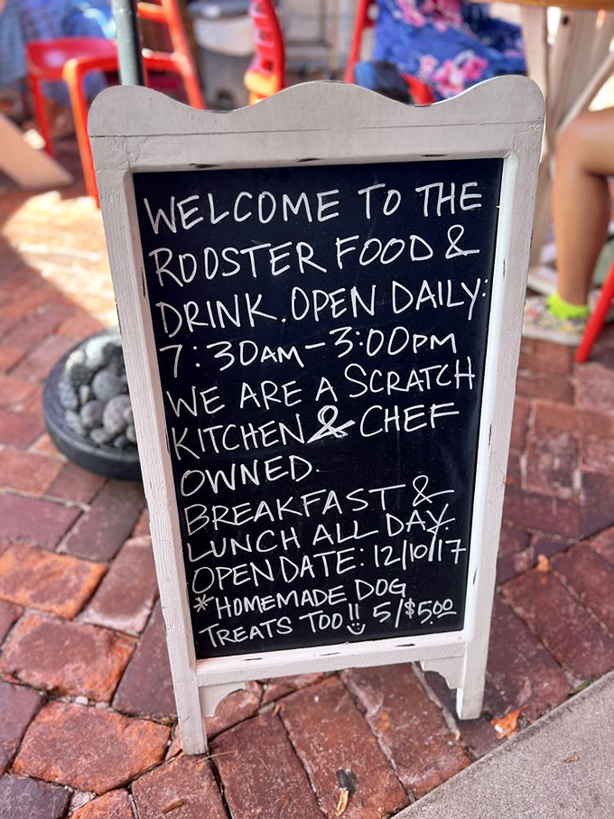 A chalkboard announcing scratch cooking and chef ownership, which is restaurant-speak for "we actually care about this food."