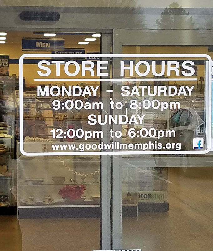 The hours of opportunity clearly posted. Six days a week of full thrifting potential, with Sundays offering a more leisurely treasure-hunting experience.