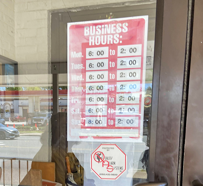 These hours tell you everything: this is a breakfast and lunch joint that knows exactly what it is. No dinner identity crisis here—just morning mastery.