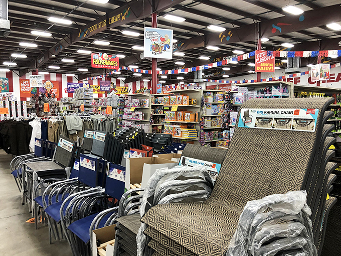The furniture section: where patio chairs and home goods wait patiently to be discovered by shoppers who came in "just to look around."