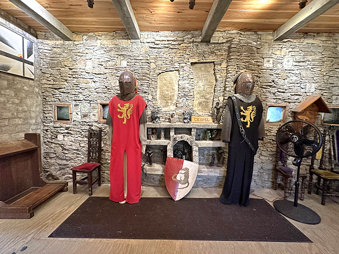 Knights stand guard in the castle's chapel area, their vibrant tabards adding a splash of color against the ancient-looking stone walls.