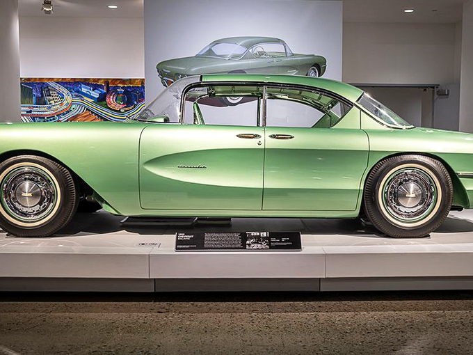 This mint-green Chevrolet concept car captures mid-century optimism in automotive form. Its sleek profile and panoramic windows promised a future where style and function danced together.