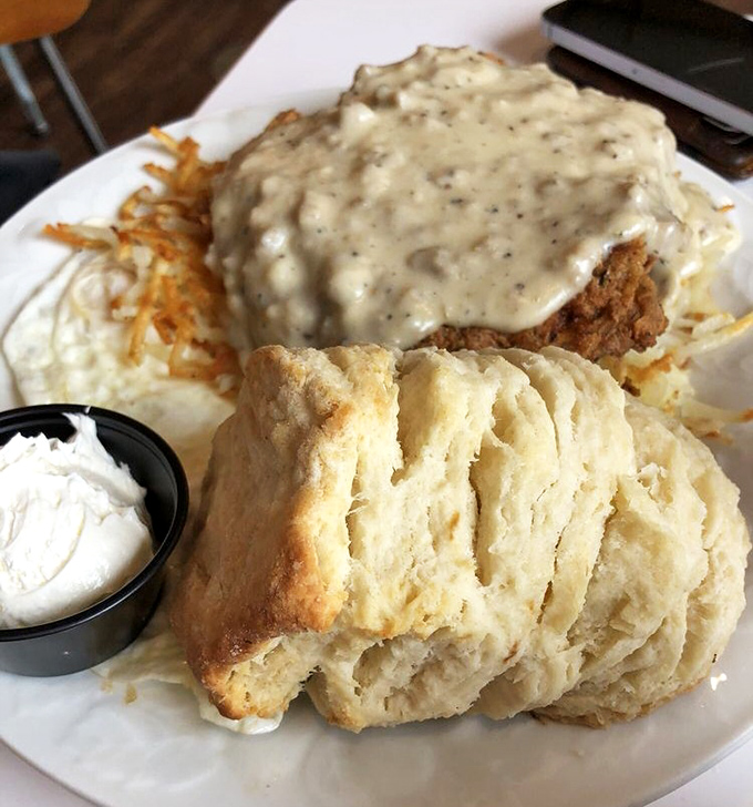 Chicken fried steak smothered in gravy alongside a biscuit that could float away if not weighed down by butter. Southern comfort with a Minnesota accent.
