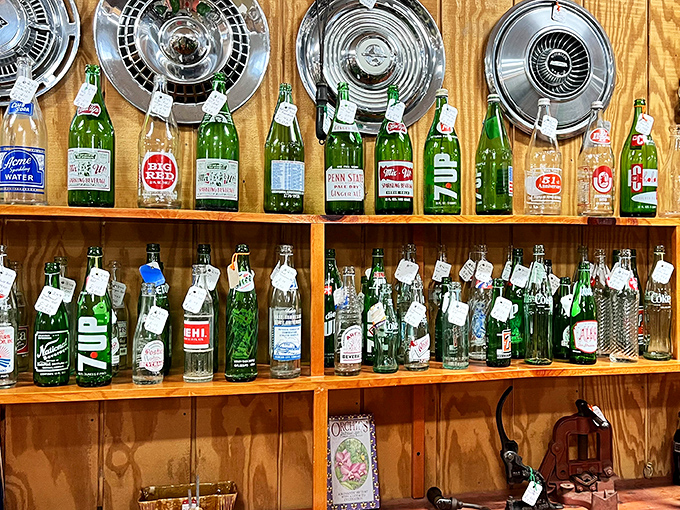 The soda bottle collection that proves everything, even 7UP, was more elegant in glass. Each bottle a fizzy piece of beverage history.