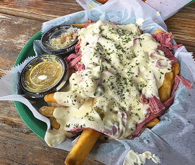 Fries ascend to royalty when crowned with corned beef and cheese—a dish that makes you wonder why you'd eat potatoes any other way.
