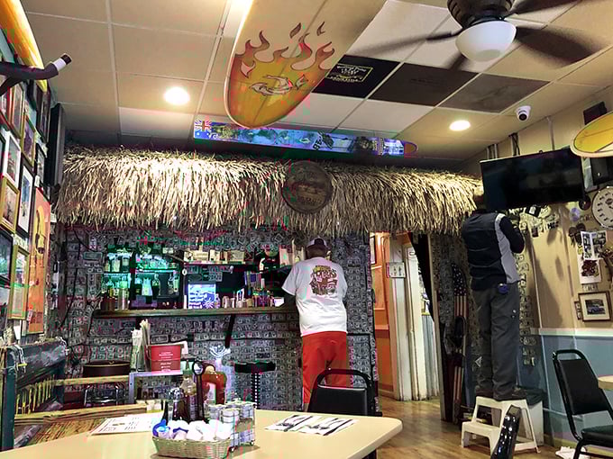 Thatched decor and walls plastered with memories create a tiki-meets-diner vibe that somehow works perfectly. It's breakfast with a side of escapism.