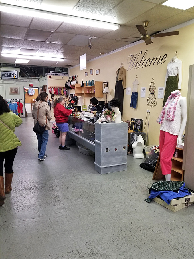 Friendly staff at the checkout counter help finalize your treasure hunt, sending you home with bargains that benefit the entire community.