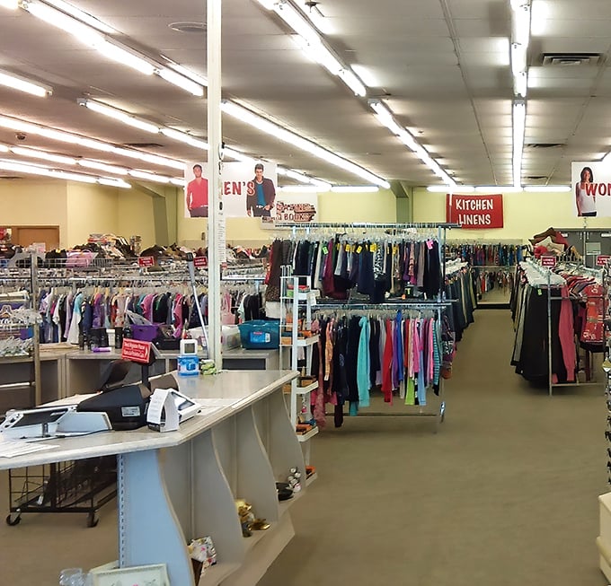 The well-organized clothing section stretches into the distance, a textile landscape of possibilities where fashion dreams are born again.