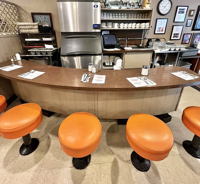 Counter seating with a front-row view of the griddle&mdash;it's like having VIP seats to the greatest breakfast show in town.