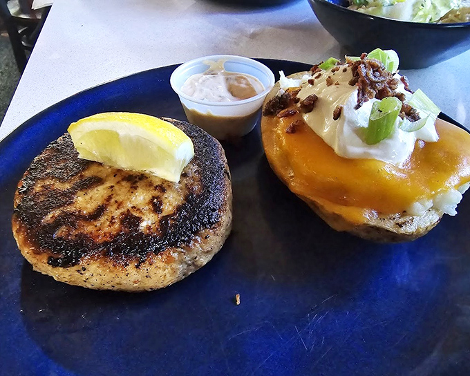 A perfectly blackened fish patty alongside what appears to be a crab cake—ocean's bounty served on Florida's signature blue plates.