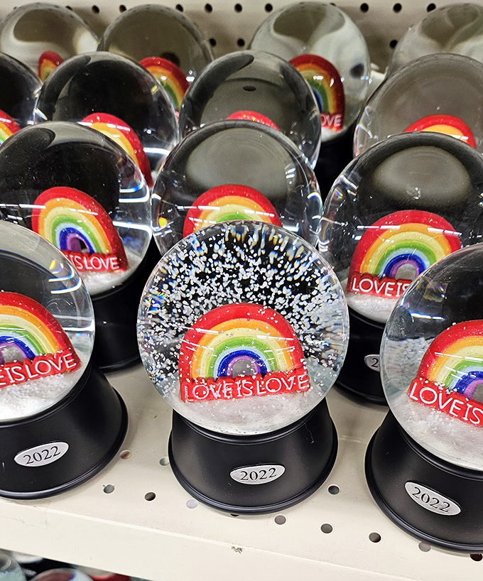 "Love Is Love" rainbow snow globes that spread joy and acceptance. A little sparkle, a little pride, and a lot of heart for just a dollar.