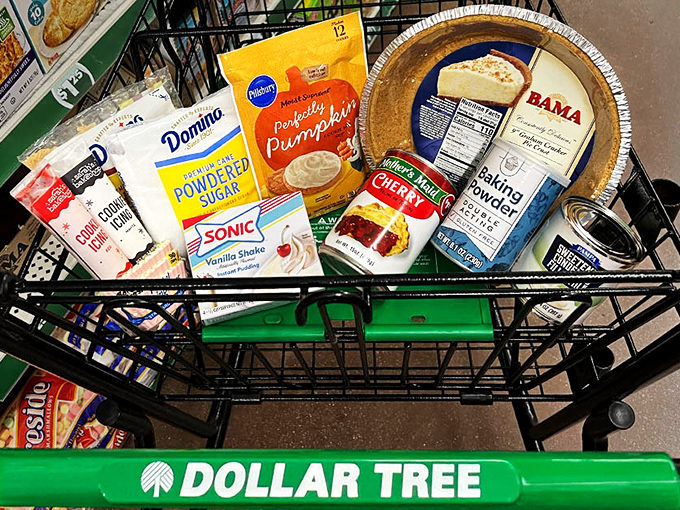 A baker's dream cart filled with name-brand ingredients. With these Dollar Tree finds, you could whip up a pumpkin pie that tastes like it cost ten times more.