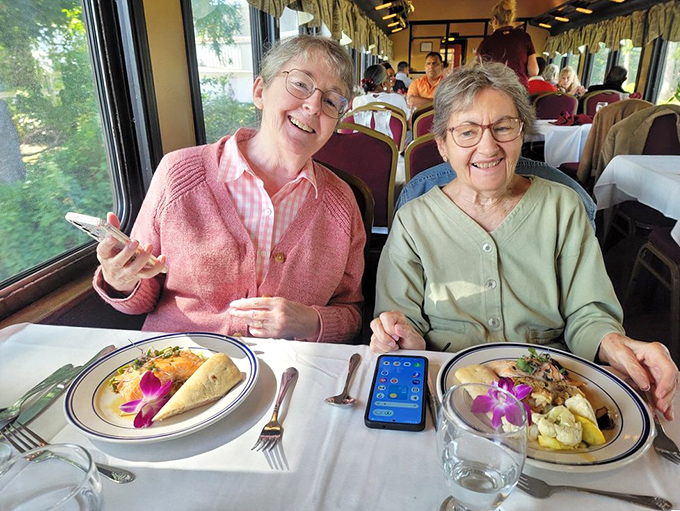 Joy served alongside every plate on the Cape Cod Central Railroad. These diners' smiles say everything about how train travel turns ordinary meals into extraordinary memories.