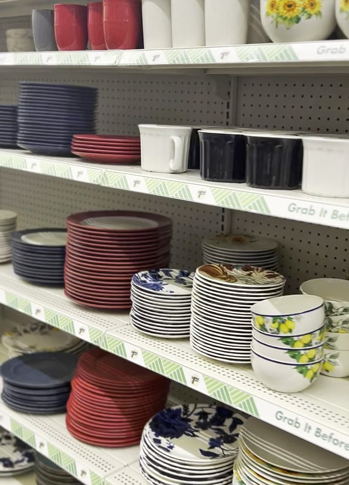 Dishware stacked in stripes and patterns, ready to replace those chipped plates you've been meaning to upgrade.