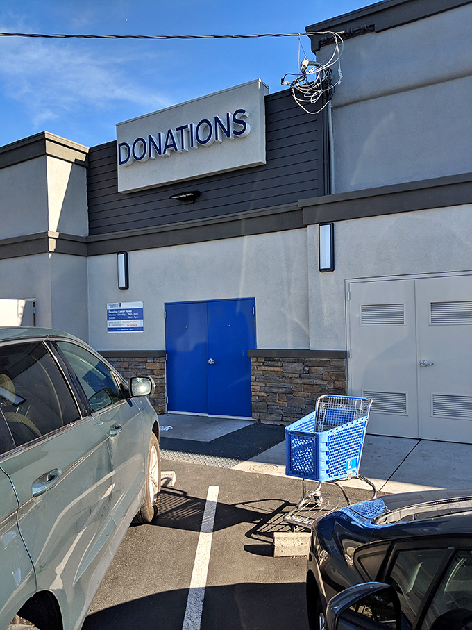 The "Donations" sign marks the circle of thrift life&mdash;where yesterday's closet cleanout becomes tomorrow's triumphant find for someone else.