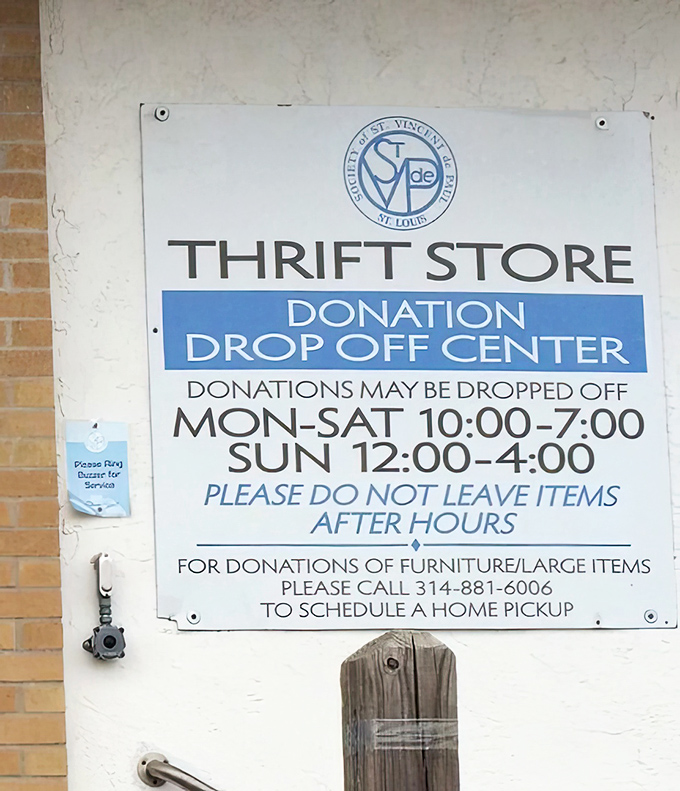Donation drop-off hours posted clearly, because your decluttering is someone else's treasure hunting fuel.