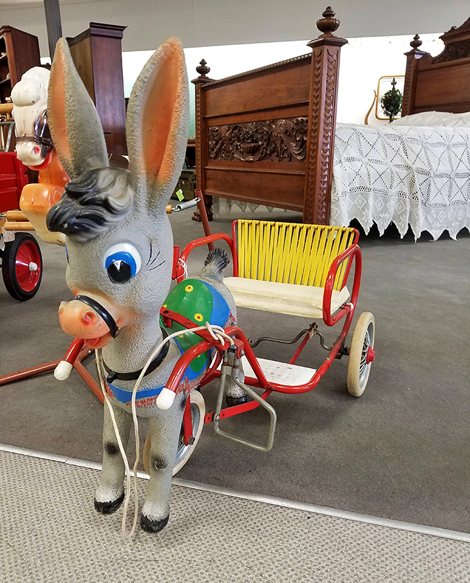 This vintage kiddie ride proves that childhood joy never goes out of style. That bunny's seen more excitement than most modern toys ever will!