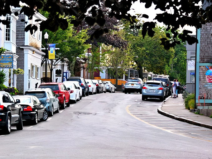 Downtown Rockport's streets fill with parked cars, proof that this hidden gem isn't quite so hidden anymore.